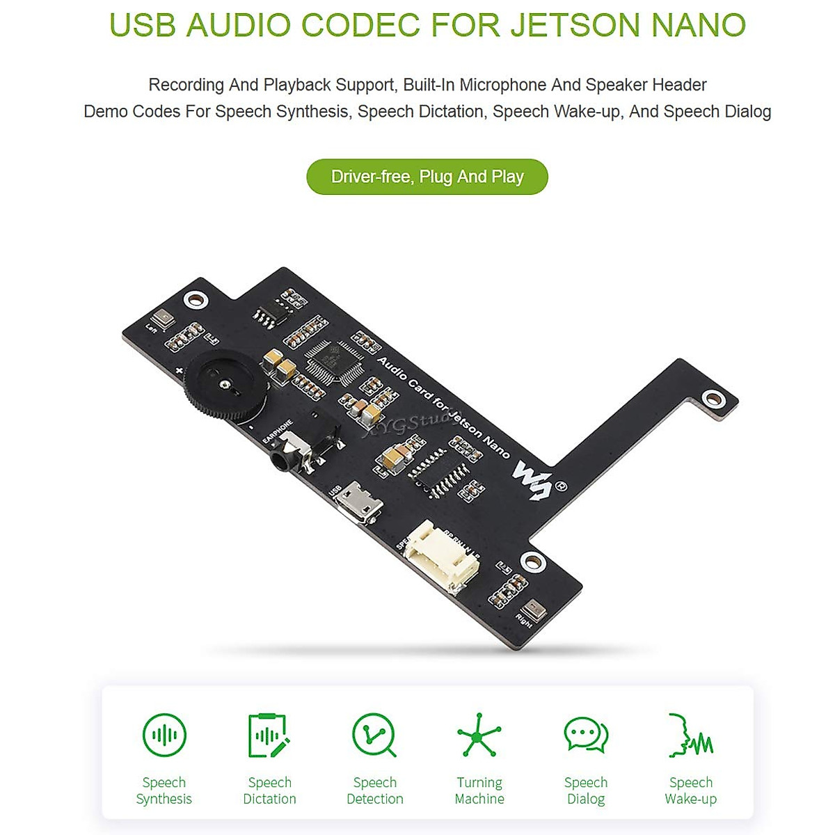 USB Audio Codec for Jetson Nano, USB Sound Card Driver-Free Plug and Play Support Recording and Playback Built-in Microphone and Speaker Header @XYGStudy