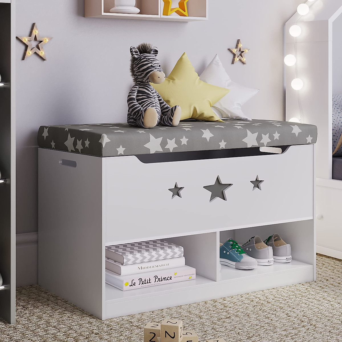 Sturdis Kids Toy Box – Gray & White with Cushion Storage Bench Seat, Toy Storage Chest And Cubby Space For Shoes And Books Organizers