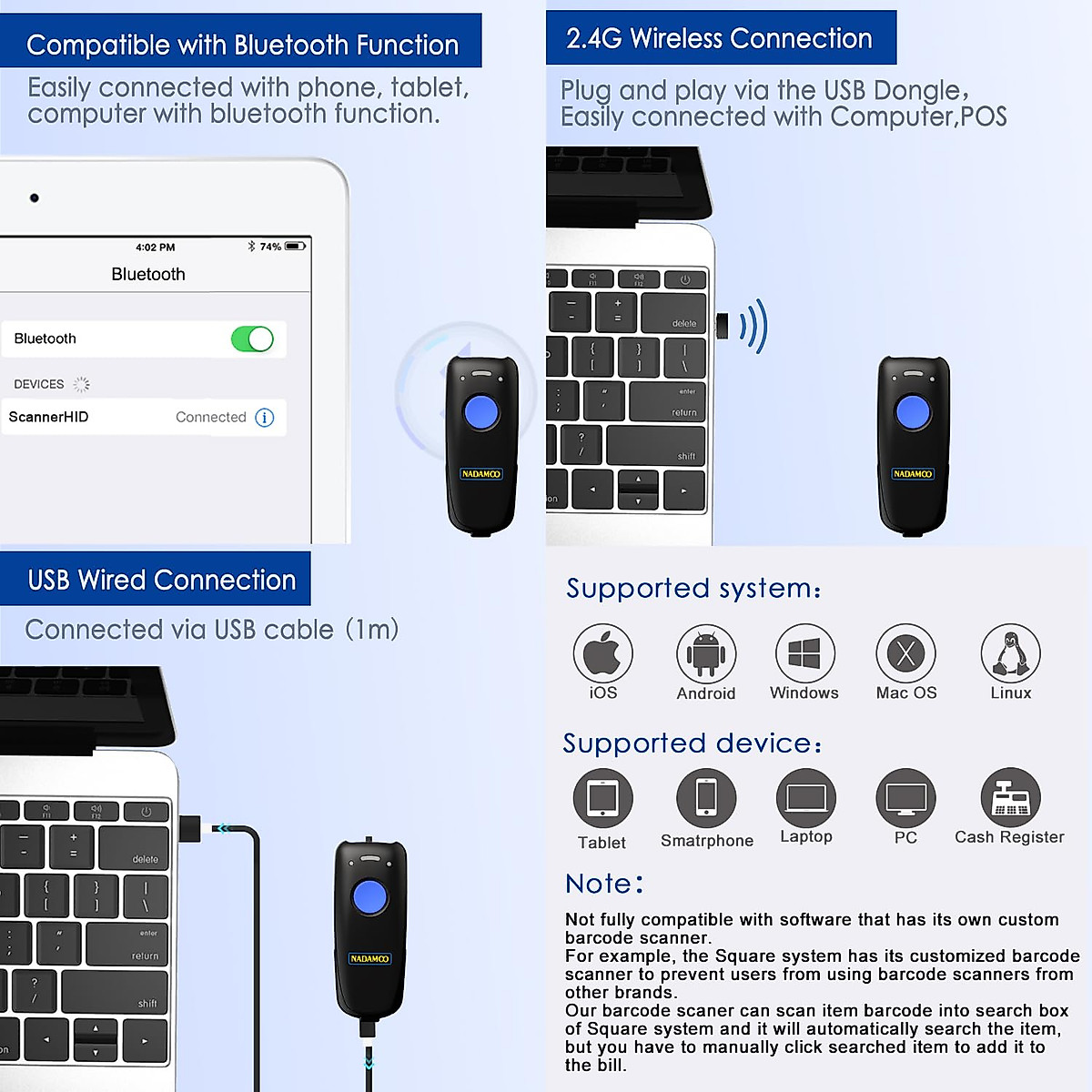 NADAMOO Wireless Barcode Scanner Compatible with Bluetooth Function, 2.4G Wireless & Wired 3-in-1 Bar Code Scanner Portable USB CCD Reader, Work with Tablet iPhone iPad Android Windows Mac OS