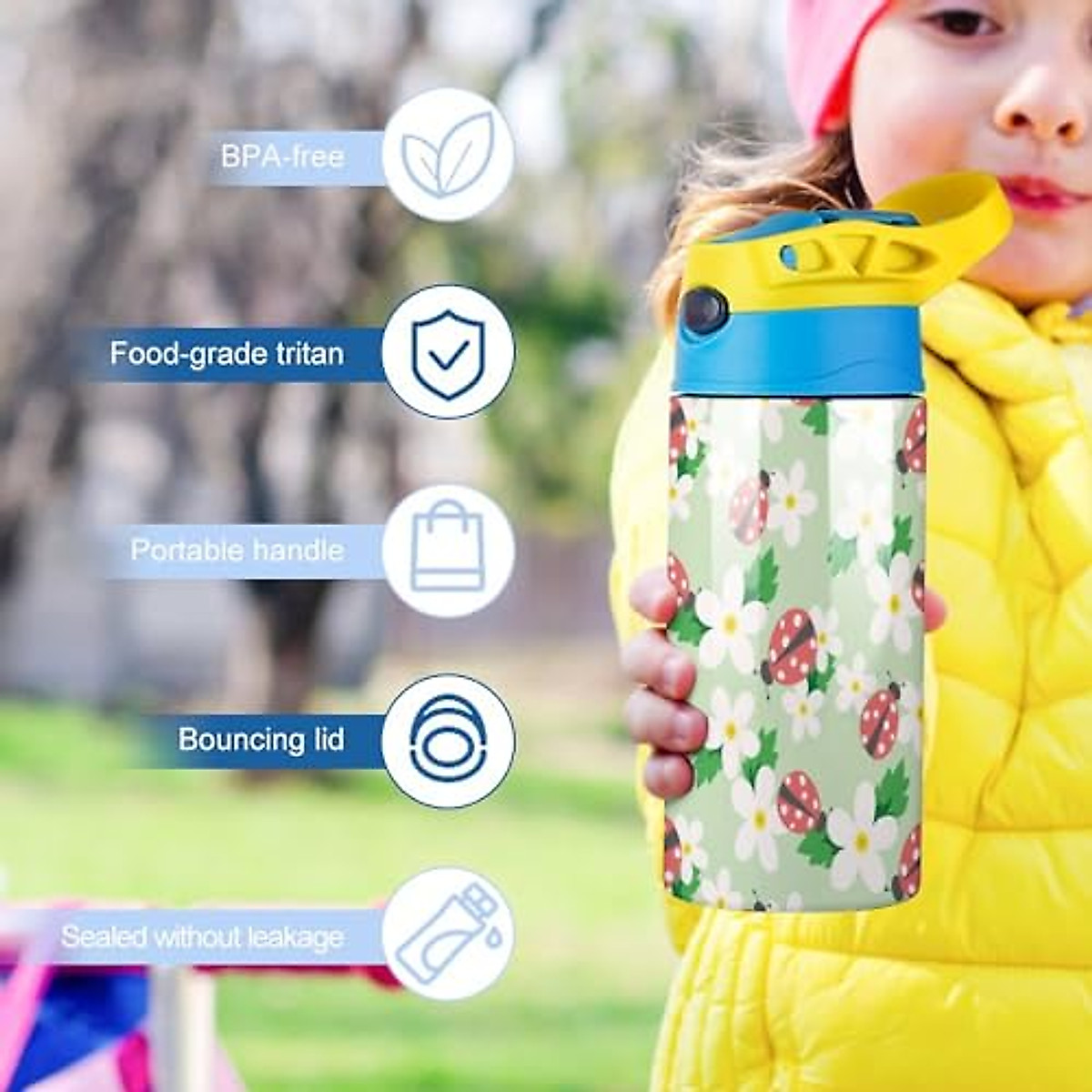 Kids Water Bottle with Straw Lid Small Flower with Ladybug Print 12 Oz/350 Ml Stainless Steel Reusable Thermos Bottles
