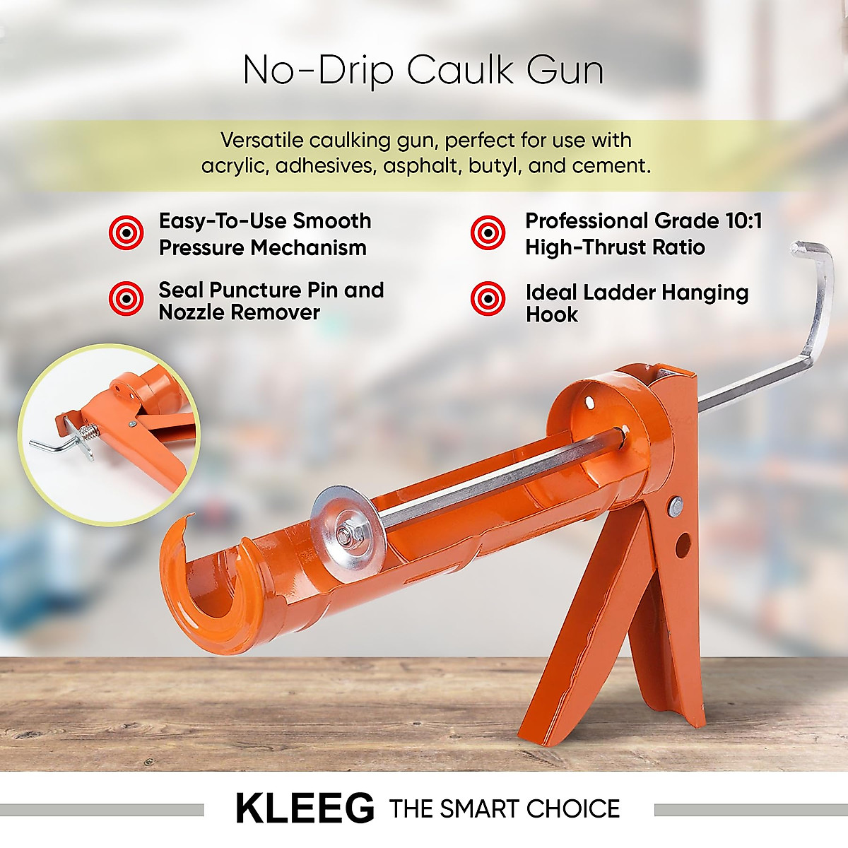 Kit of Gorilla Caulk Sealant 100% Silicone Sealant, 10oz Cartridge, White + KLEEG Caulk Gun + KLEEG Caulking Tool Kit - Dripless Caulking Gun, Caulk Removal Tool, 3in1 Scraper Sealant Tool