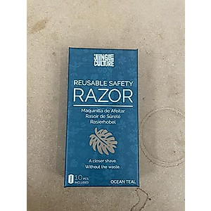 Jungle Culture Safety Razor with 10 Double Edge Blades • One Blade Metal Razors for Women & Men for Body & Face • Eco Friendly & Reusable Shaver • Teal