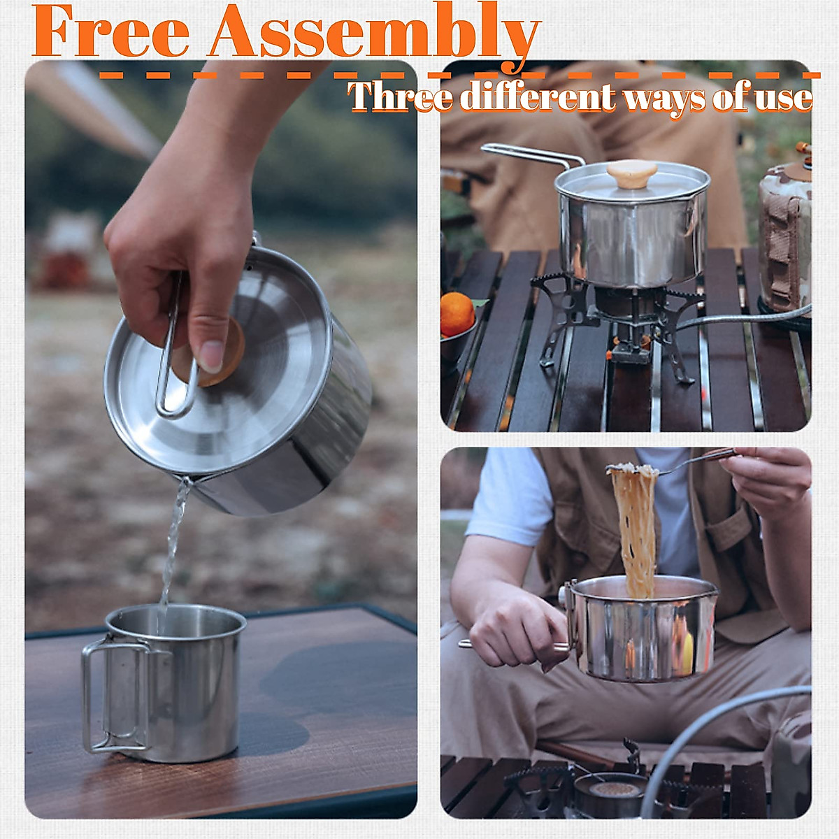 Xiuganpo Camping Pot Cookware, Stainless Steel Lunch Container 1L Backpacking Picnic Cooking Bento Box with Foldable Handle Portable Open Fire Stockpot Kettle for Outdoor Hiking, default