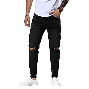 Woenzaia Black Ripped Skinny Jeans for Men Stretch Slim Fit Distressed Denim Jeans Tapered Jean Pants