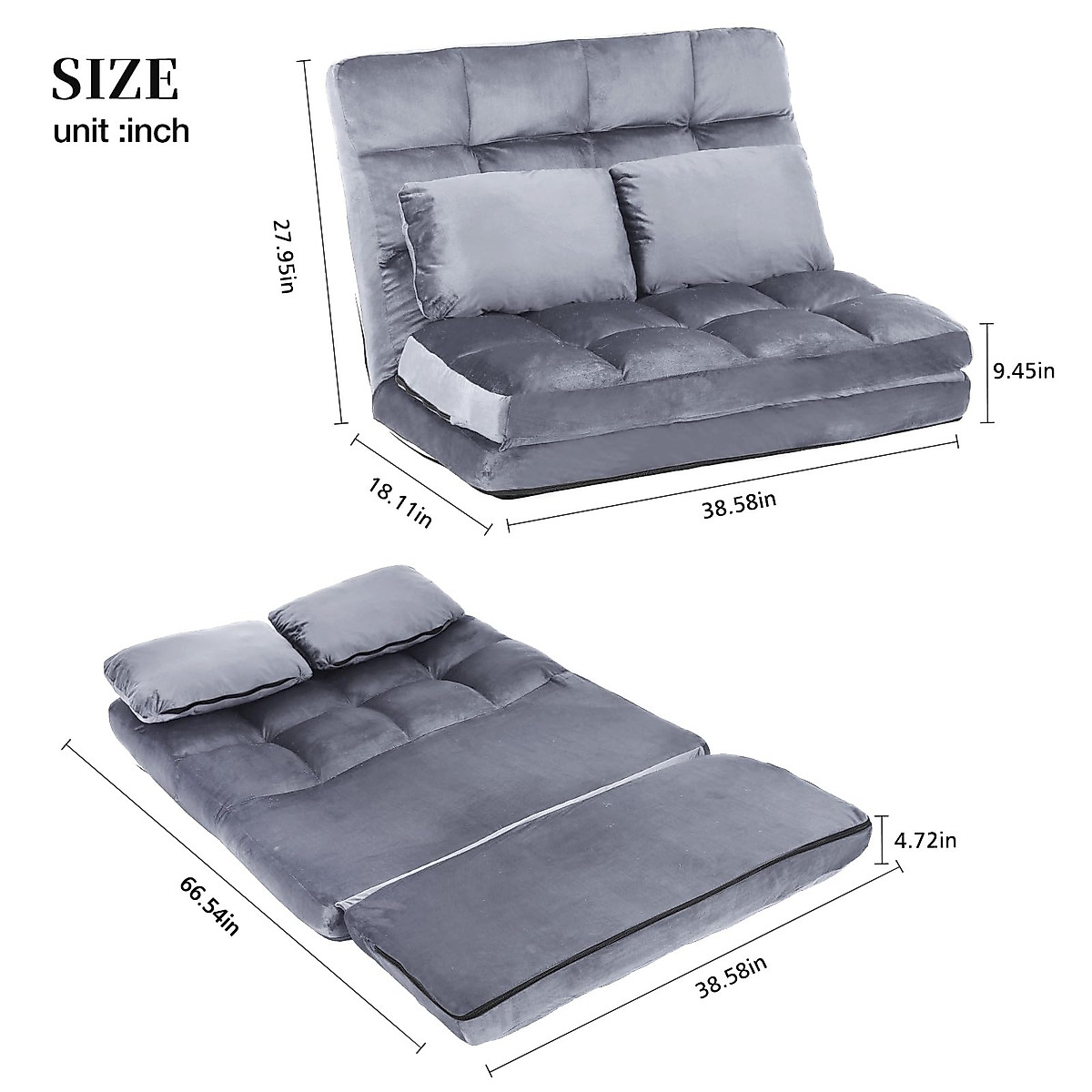 Urnodel Adjustable Floor Sofa Couch with 2 Pillows Foldable Lazy Sofa Sleeper Bed Multi-Functional Floor Loveseat for Reading Gaming 8823S2 (Grey)
