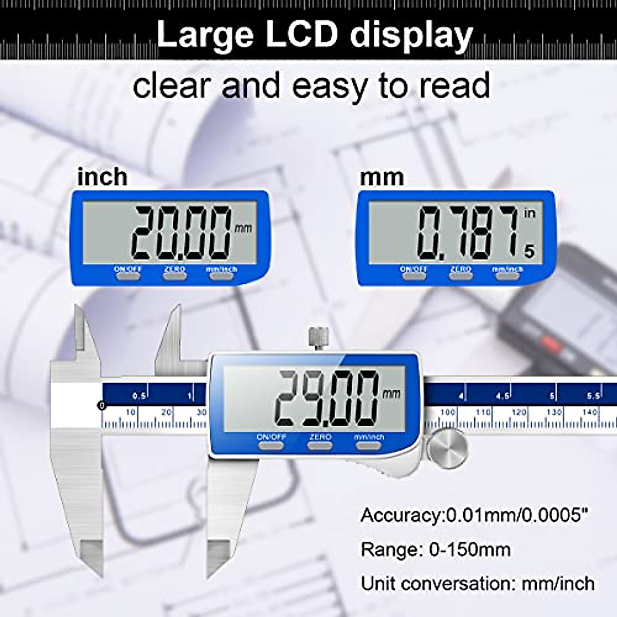 Caliper Measuring Tool, Qfun 6 Inch Electronic Digital Caliper with Stainless Steel and Extra-Large Display, IP54 Waterproof Vernier Calipers for Engineer Carpenter