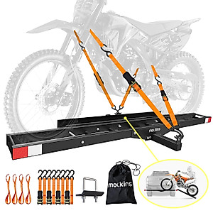 Mockins 500 lb Capacity Anti Tilt Motorcycle Hitch Carrier Set | 73" Dirt Bike Hitch Hauler | Heavy Duty Steel Motorcycle Rack for Hitch | Dirt Bike Hitch Carrier & Ramp, Straps, Stabilizer