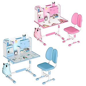 Frogued Children's Adjustable Study Desk and Chair Set, Height Adjustable Kids Study Table Chair Set with Astronaut Pattern, Ergonomic Writing Desk with Storage Drawer and Bookshelf (Upgraded Blue)