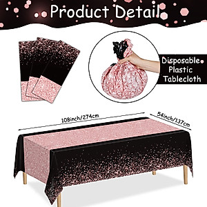 3pcs Black Rose Gold Party Tablecloths 108x54 Inch Rose Gold Sequin Printed Plastic Table Cover Glitter Diamonds Happy Birthday Decoration Supplies for Wedding Graduation Anniversary Indoor Outdoor