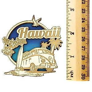 Wooden Hawaii Fridge Magnet, Van and Palm Trees Laser Cut Details, Vacation Souvenir Magnetic Accessory, 2.5 Inches