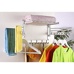 SKIKEN Wall-Mounted Laundry Drying Rack, 2 Swivel Rods with 6 Holes, Folding Organizer Rack for Laundry Room, Bathroom, Swivel Towel Rack/Drying Organizer, 5 Movable Hooks, Aluminum (Silver, 15.8")