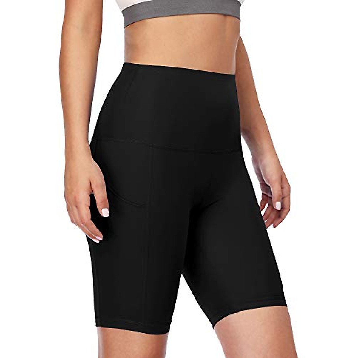 CADMUS Women's High Waist Spandex Yoga Shorts for Bike Running Two Side Pockets,1010,Black,Black,Black,Medium