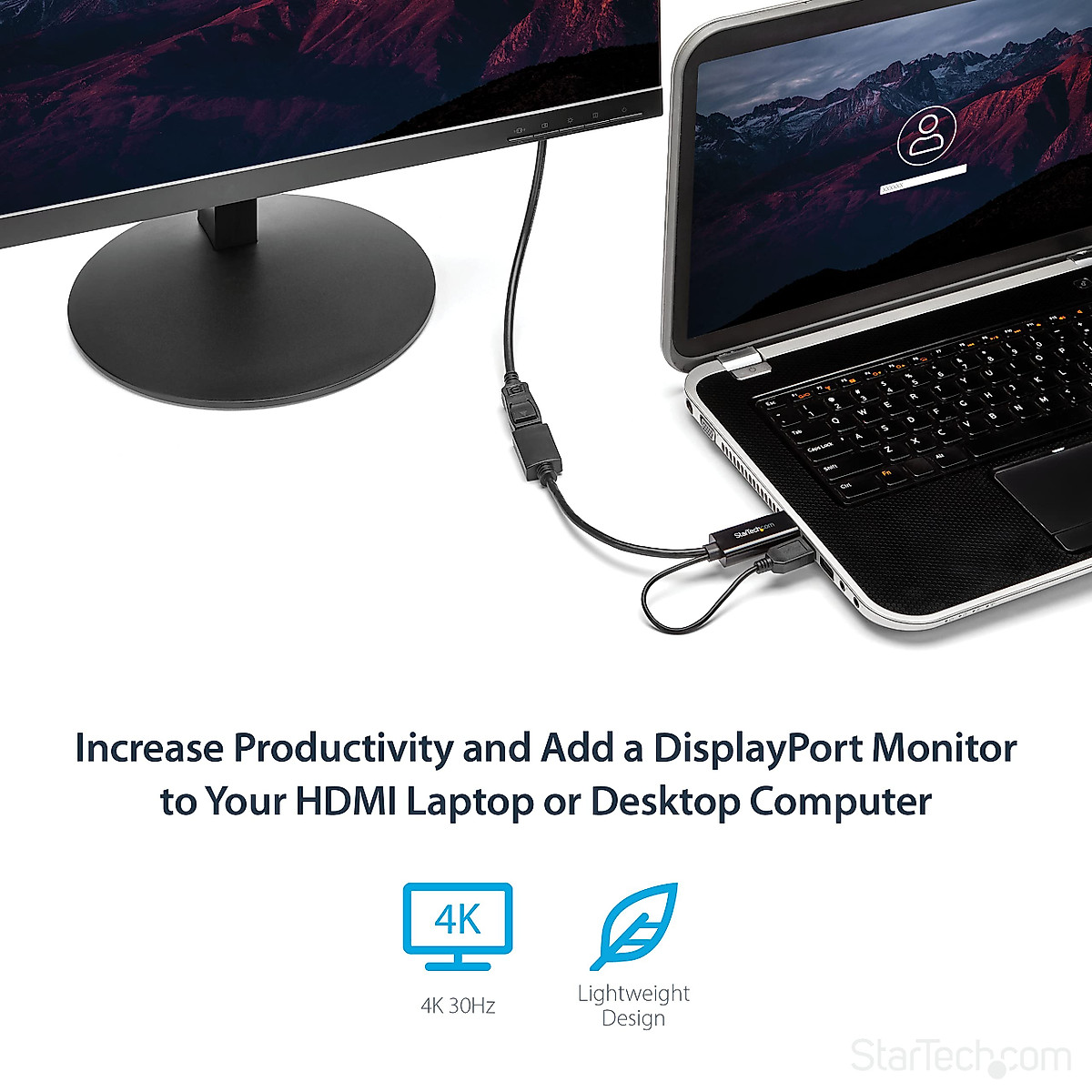 StarTech.com 4K 30Hz HDMI to DisplayPort Video Adapter w/ USB Power - 6 in - HDMI 1.4 (Male) to DP 1.2 (Female) Active Monitor Converter (HD2DP), Black