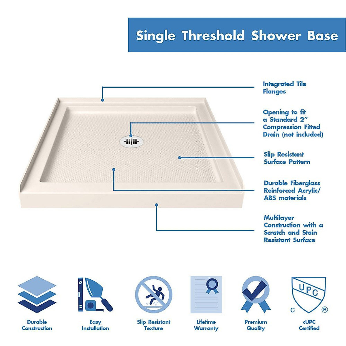 DreamLine SlimLine 32 in. D x 32 in. W x 2 3/4 in. H Center Drain Single Threshold Shower Base in Biscuit, DLT-1132320-22