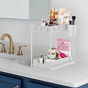 EWU Under Sink Organizers and Storage, 2 Tier Under Sink Organizer with Sliding Storage Drawer, Multi-purpose Storage Shelf for Kitchen Bathroom Bedroom with Hanging Cup and 5 Hooks, White