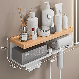 Towood Lifee Hair Dryer Holder, Blow Dryer Holder Wall Mounted, Solid Wood Hair Tool Organizer with Shelf, Storage Rack for Bathroom, Bedroom, Hair Salon, Natural
