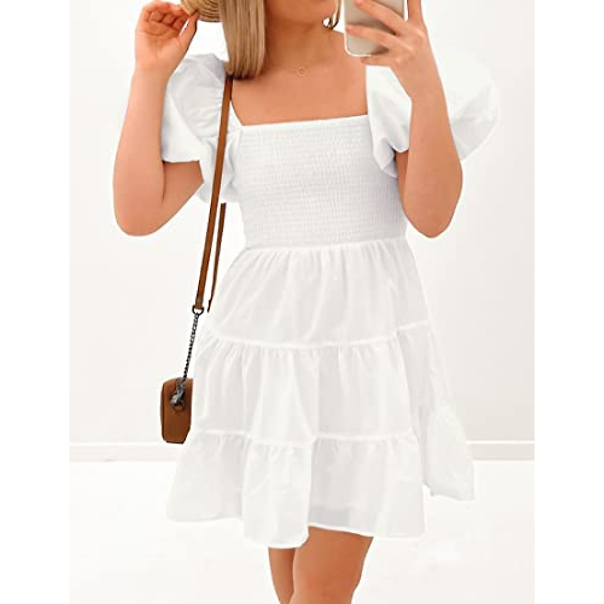 ZESICA Women's 2023 Boho Summer Square Neck Puff Sleeve Off Shoulder Smocked Tiered Casual A Line Short Mini Dress,White,Medium