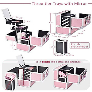 Joligrace Makeup Train Case Cosmetic Box 10 Inches Jewelry Organizer Professional 3 Tiers Trays with Mirror and Brush Holder Lockable Key Portable Travel Mermaid Pink