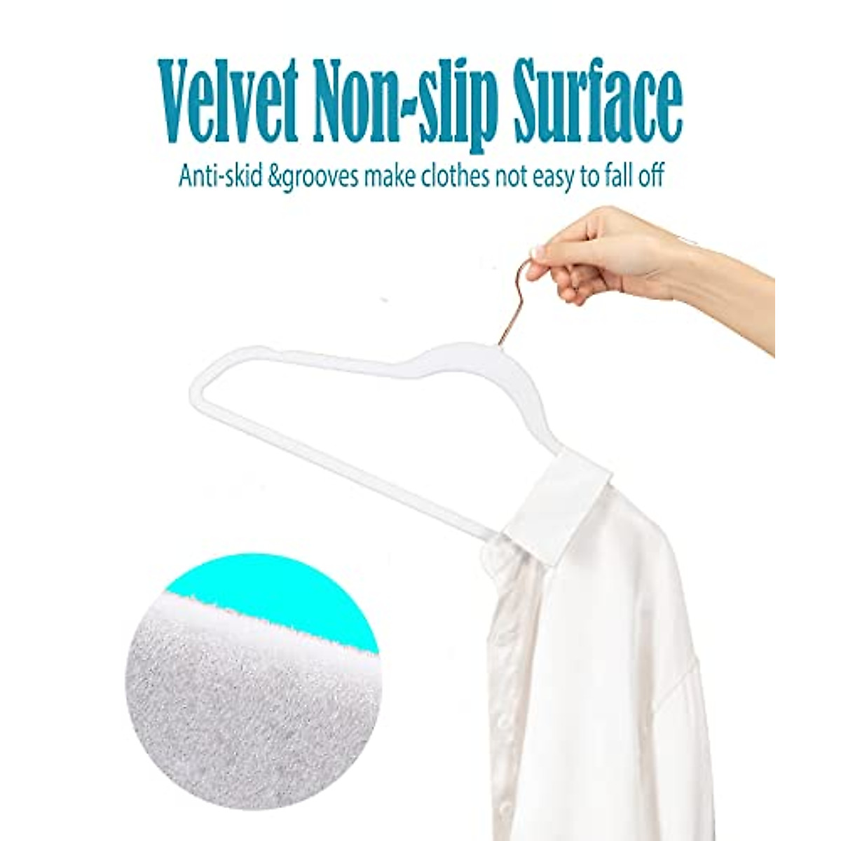 Smartor White Velvet Hangers 50 Pack Felt Hangers Non Slip Rose Gold Hook Flocked Hangers Heavy Duty Adult Hanger for Coat, Suit