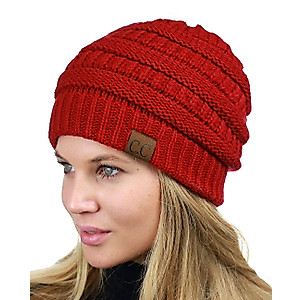 C.C Unisex Chunky Soft Stretch Cable Knit Warm Fuzzy Lined Skully Beanie, Red