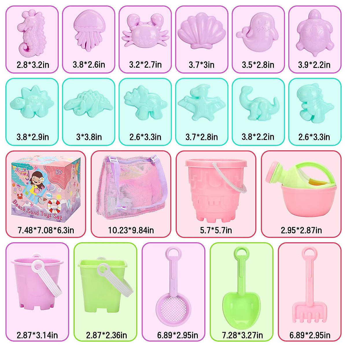 Tagitary Beach Sand Toys Set for Kids 3-10 with Bucket Watering Can Shovel Rake Sand Molds Beach Shell Bag