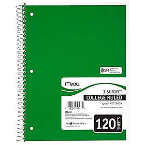 Mead Spiral Notebook, College Ruled, 3 Subject, 120 Sheets, 10.5" x 8", Assorted Colors, 6 Pack