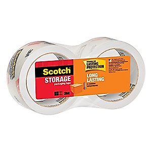 Scotch Long Lasting Storage Packaging Tape, 1.88" x 54.6 yd, Designed for Storage and Packing, Stays Sealed in Weather Extremes, 3" Core, Clear, 2 Rolls (3650-2)