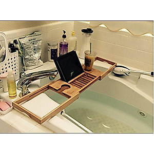 Bamboo Bathtub Tray - Wood Bath Caddy with Book, Phone, or Tablet Rest, Cup Holder, and Extended Sides for Bath Accessories by Home-Complete (Natural)