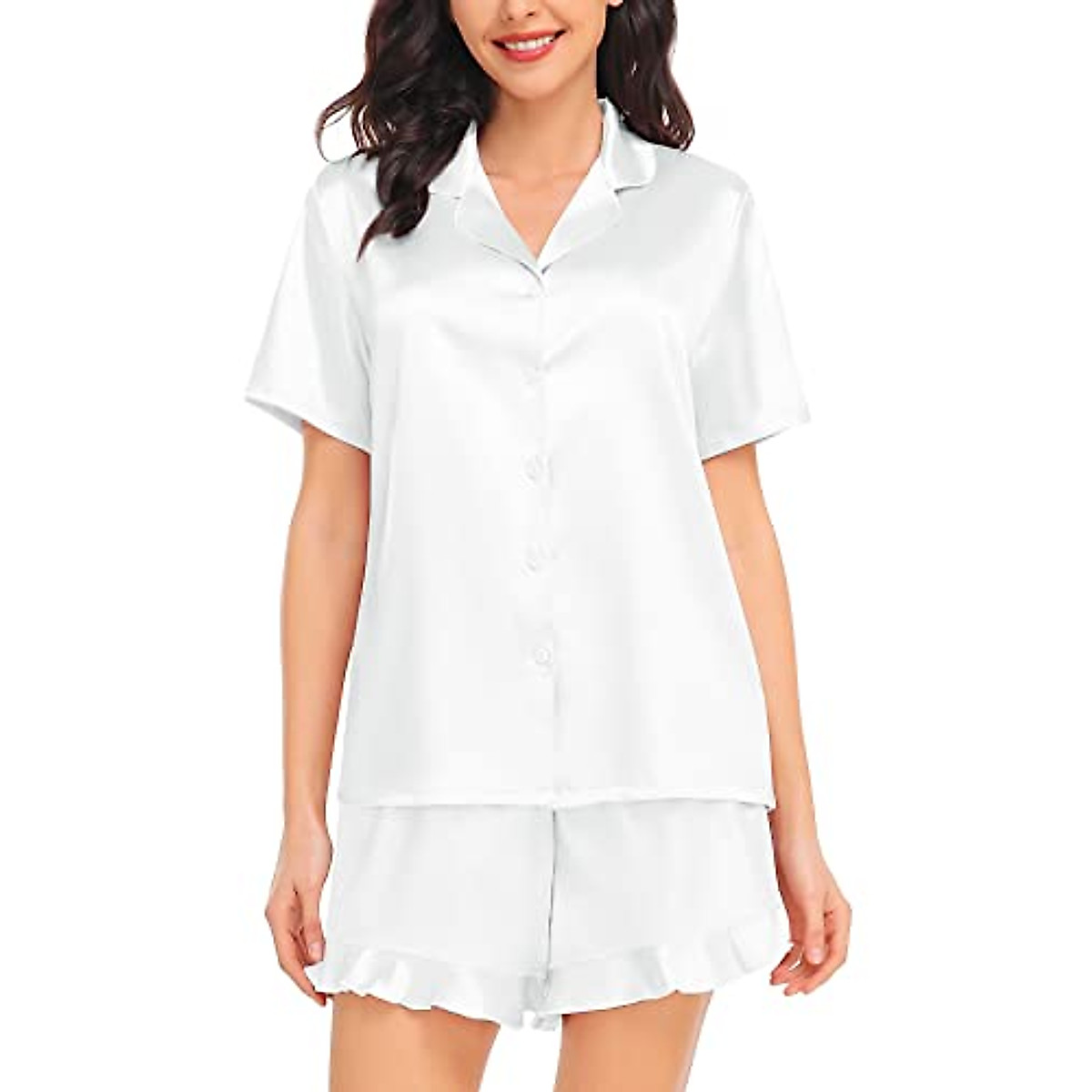 SWOMOG Womens Silk Satin Pajamas Set Two-piece Ruffle Sleepwear Loungewear Button-Down Pj Sets White
