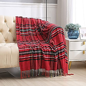Saukiee Plaid Throw Blanket Red with Tassels 50 x 60 inches Tartan Chenille Throw Fringe for Couch Sofa Bedroom Christmas Decor