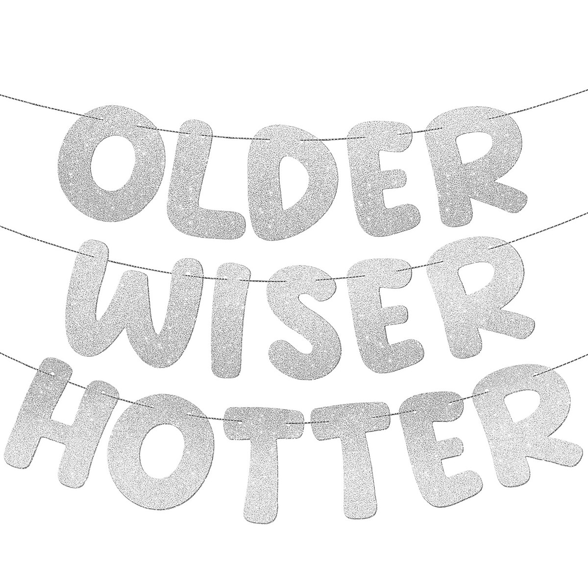 Fulmoon Set of 3 Pre Strung Older Wiser Hotter Glitter Banner Funny Birthday Banner for Women 30th 40th 50th 60th 70th 80th Birthday Party Decorations Sign Gift(Silver)