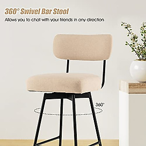 COSTWAY Bar Stools Set of 2, 29” Upholstered Bar Height Chairs with Back, 360° Swivel Bar Chairs with Heavy-Duty Metal Legs and Footrests, Fabric Seat for Kitchen Island, Dining Room, Bar (2, Beige)