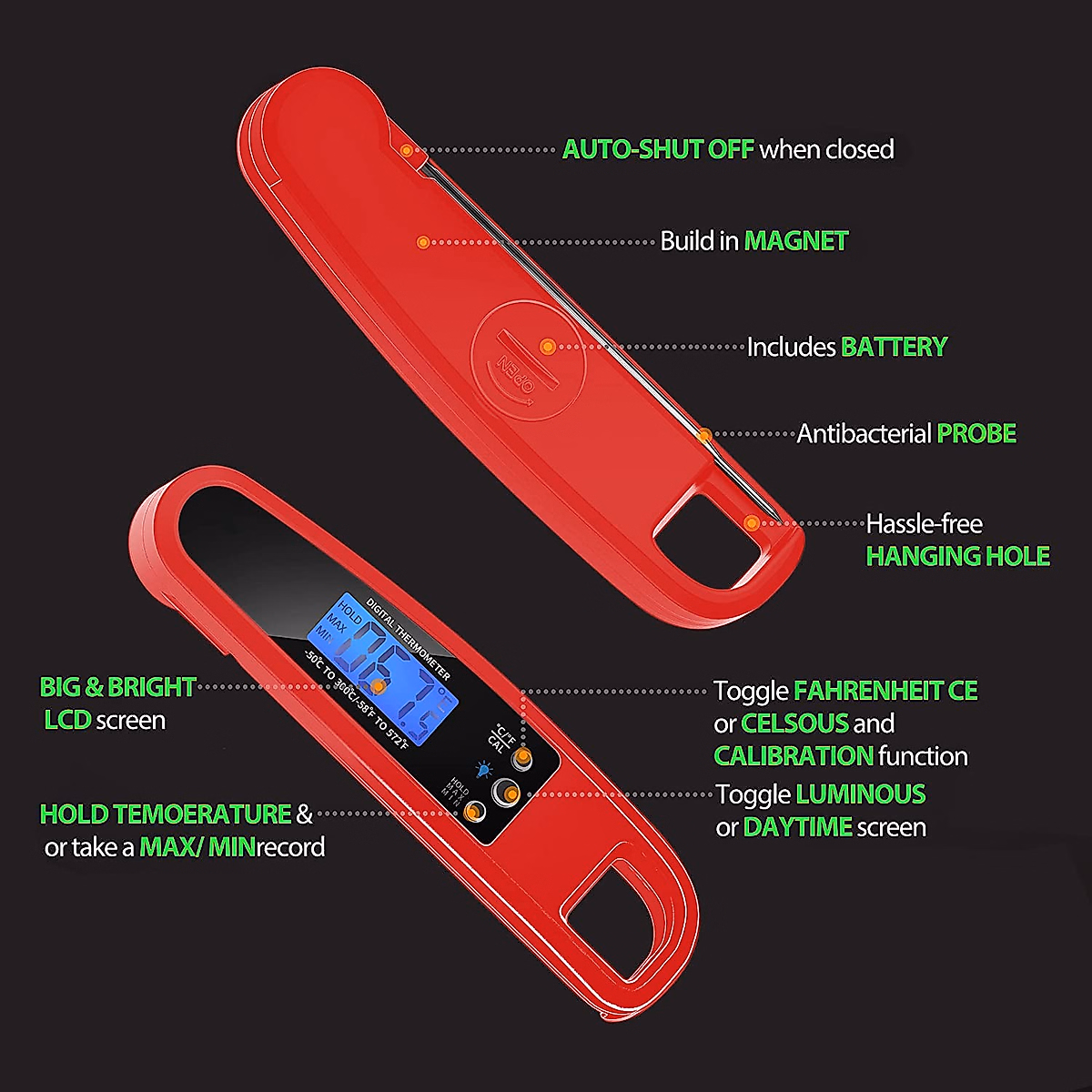 Hoseili Instant Read Meat Thermometer for Grill and Cooking. Best Waterproof Ultra Fast Thermometer with Backlight & Calibration. Digital Food Probe for Kitchen, Outdoor Grilling and BBQ,wen2