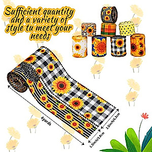 Kuscul 8 Rolls 32 Yards Sunflower Wired Ribbon Fall Autumn Wired Edge Ribbon Thanksgiving Fabric Decorative Ribbon for Gift Wrapping Hair Bow Sewing Crafts Wreath, 2.5in/ 1.5in