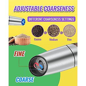 Rongyuxuan Gravity Electri Salt and Pepper Mill Set,Pepper Grinder with Ceramic Rotor,Acrylic Container,Stainless Steel Middle,Blue LED Light,Battery Powered,Adjustable Coarseness,One Hand Use,Sliver