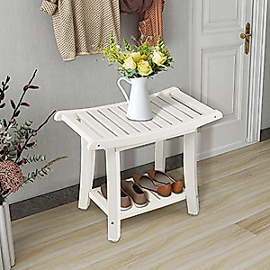 GOFLAME 2-Tier Shower Bench, Spa Bath Shower Stool with Curved Seat, 2 Easy-to-Grip Handles, Storage Shelf & Non-Slip Foot Pads, Waterproof Shower Chair for Bathroom, Living Room, Entryway, Off White