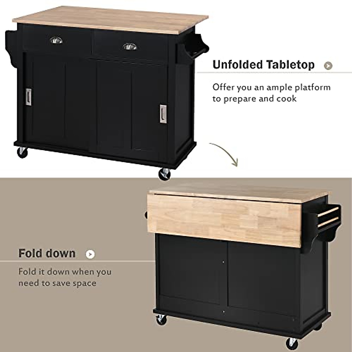 Kitchen Utility Cart, Rolling Kitchen Island on 4 Wheels with Sliding Barn Door, Mobile Kitchen Cart with Rubber Wood Drop Leaf Countertop, Kitchen Storage Cabinet with 2 Drawers & Spice Rack, Black