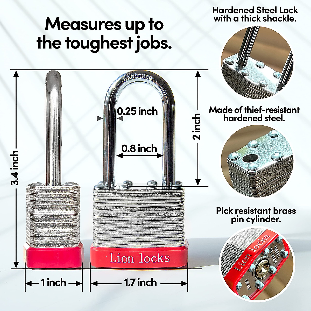 Lion Locks 12 Keyed Alike Padlocks with 2" Long Shackle, 24 Keys - Padlocks for Outdoor Use, Locks with Keys, Hardened Steel Case, Pick Resistant Brass Pin Cylinder for Hasp Latch, Locker, Gate