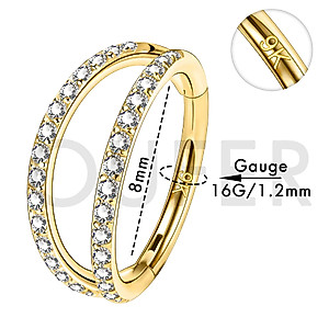 OUFER 9K Solid Gold Helix Earrings Double Row Diamonds Septum Piercing Jewelry Hoop Cartilage Earrings Daith Tragus Earrings