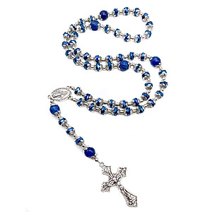 Nazareth Store Deep Blue Crystal Beads Rosary Blue Agate Glory Stone Beaded Necklace Miraculous Medal & Cross Crucifix Religious Rosaries Collection