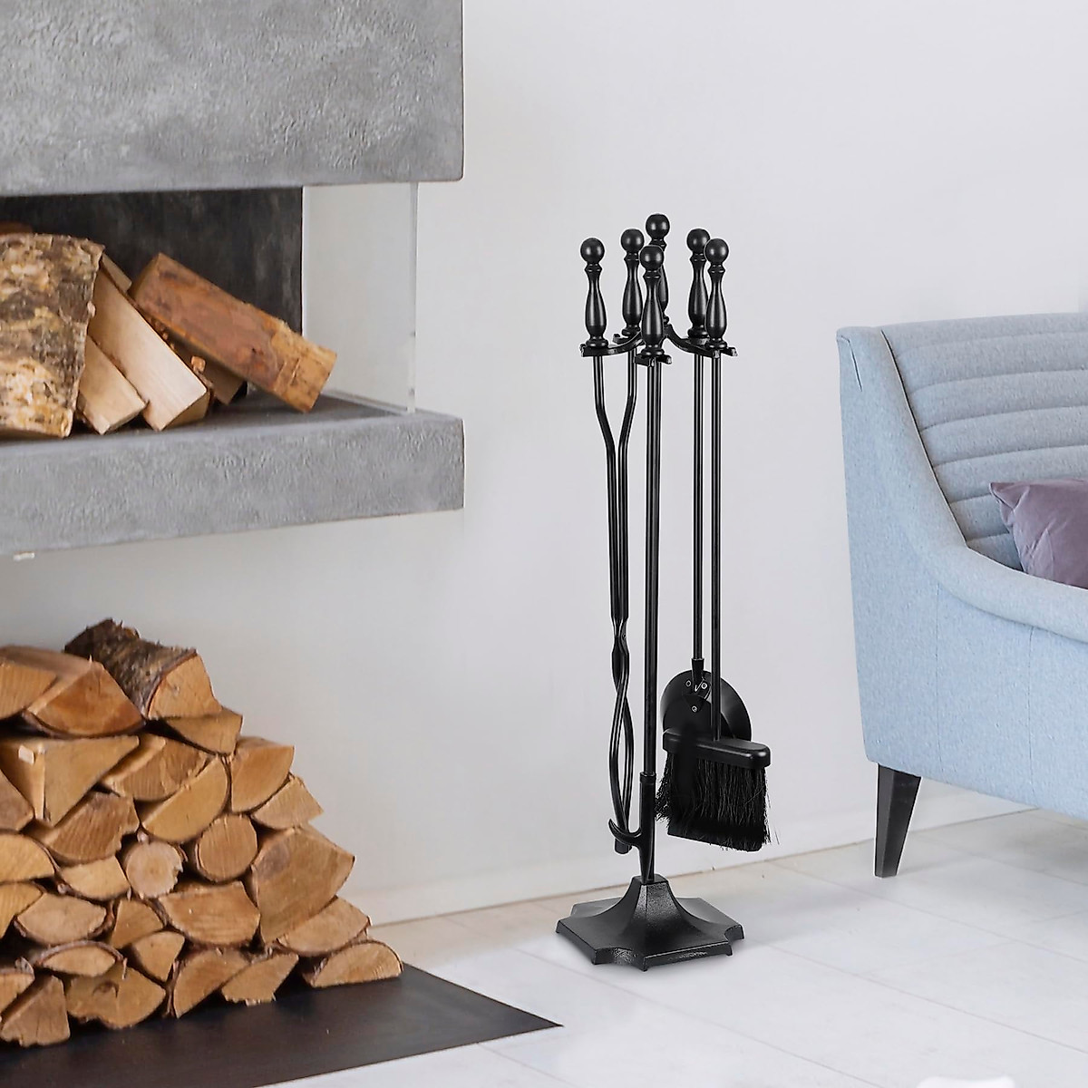 JupiterForce 5 Pieces Fireplace Tools Sets Indoor Outdoor Wrought Iron Large Fire Place Set Tools, Fire Pit Tools with Poker Shovel Tongs Brush and Stand, Black