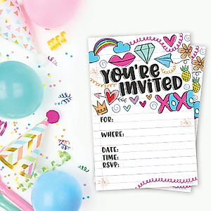 Fun Girl Doodles Invitations (20 Count) With Envelopes - Pre Teen - Tween Birthday Invitations