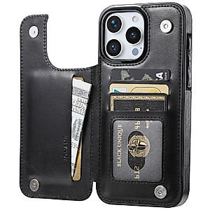 JOYAKI Wallet Case Compatible with iPhone 15 Pro Max(6.7"),Slim Protective case with Card Holder with 1 Screen Protective Glass,Premium PU Leather Kickstand Card Slots Case-Black