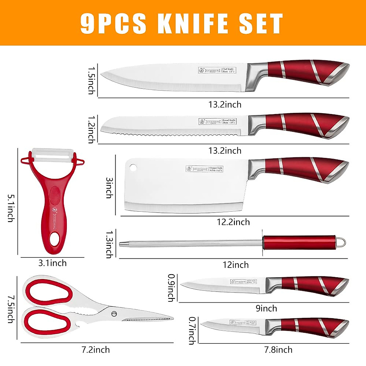 Kitchen Knife Set, CHEFDEER 9-Piece Pink Sharp Non-Stick Coated Chef Knives Block Set,Stainless Steel Knife Set for Kitchen with Sharpener for Cutting Slicing Dicing Chopping (Red)