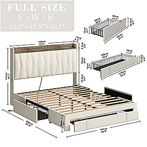 ANCTOR Full Size Bed Frame with 3 Drawers, Upholstered Platform Bed with Storage Headboard and Charging Station, No Box Spring Needed, Easy Assembly