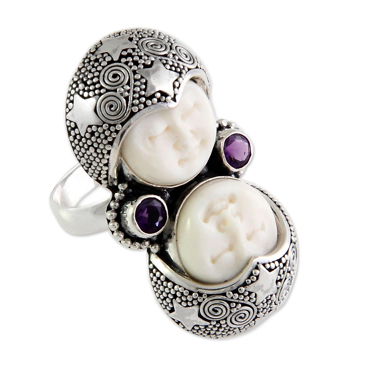 NOVICA Artisan Handmade Amethyst Cocktail Ring Artisan Crafted Sterling Silver Bone Indonesia Birthstone Balinese Traditional [crownbezel 1.7 in L x 0.8 in W x 0.4 in H Band Width 4 mm W] ' Royal