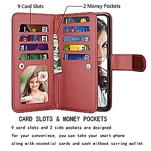 NJJEX Wallet Case for Samsung Galaxy A12, for Galaxy A12 Case 6.5", [9 Card Slots] PU Leather Credit Holder Folio Flip [Detachable] Kickstand Magnetic Phone Cover & Lanyard for Samsung A12 [Wine Red]