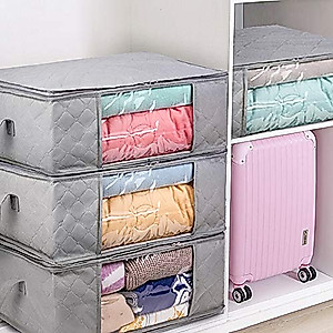 Ecomigo Foldable Storage Bag Organizers - Large Clear Window, Reinforced Carry Handles, Sturdy Zipper - Perfect for Clothes, Blankets, Bedrooms, Closets and More (3-Pack, Gray)