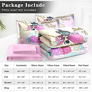 WeCozy 7 Pcs Full Size Comforter Set with 2 Pillowcases & 2 Shams, Cute Unicorn Butterfly Bedding Set for Kids and Adults, Princess Flower Horse Bed in a Bag with Flat Sheet and Fitted Sheet