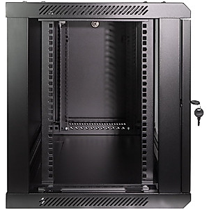 NavePoint 9U Server Rack Enclosure - 17.7” Deep, 9U Wall Mount Network Cabinet with Locking Glass Door for 19” IT Equipment, 9U Network Rack with 2 Fans, Removable Side Panels, Black